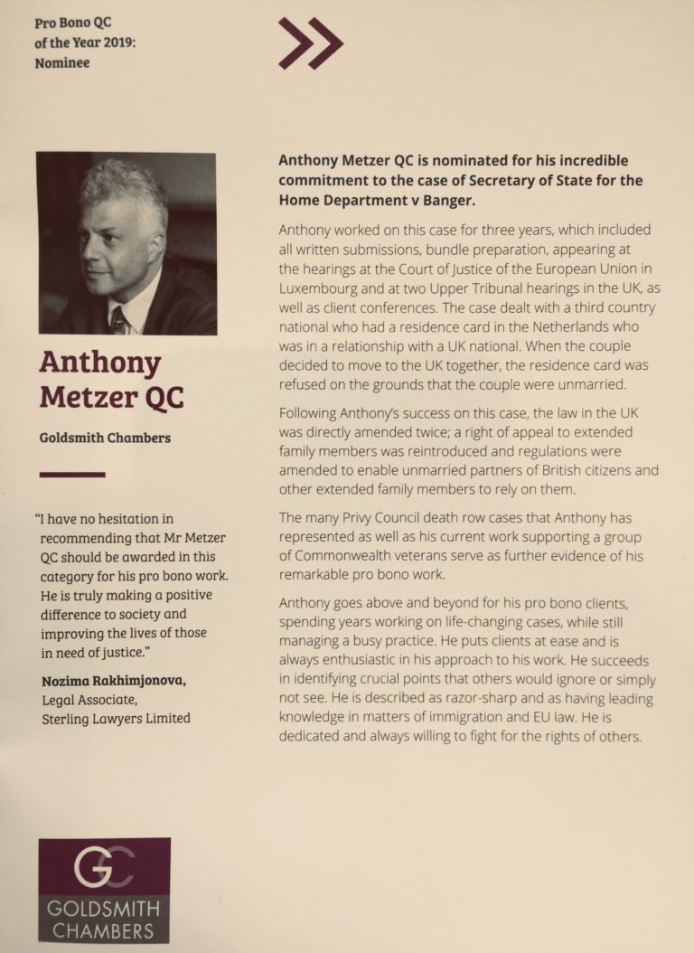 Bar Pro Bono Awards 2019 - Goldsmith Chambers